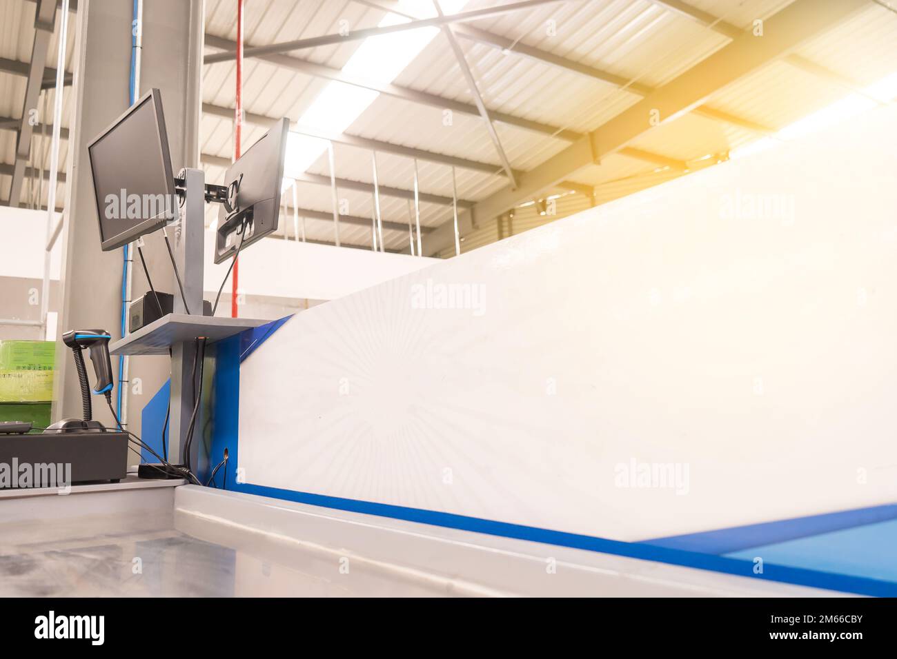 Empty cash register in a shopping center with a blank banner Stock ...