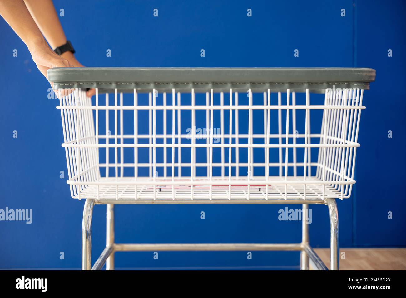 Woman hands holding empty new white trolley cart Stock Photo - Alamy