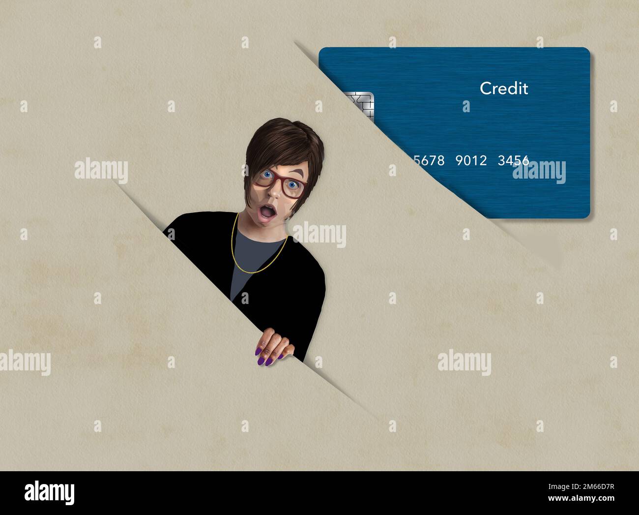 A girl looks surprised as she emerges from a slot in paper next to a ...