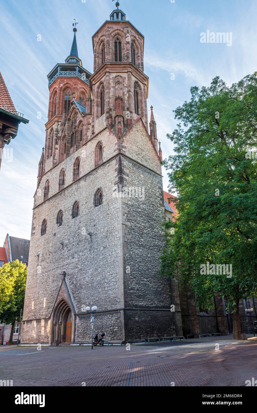 Front with towers of St. John's Church in Goettingen, raised view Stock ...