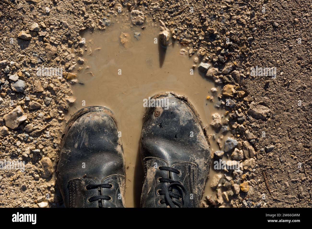 Two dirty military boots stand in a muddy puddle, suggesting a rugged environment and hard use ...