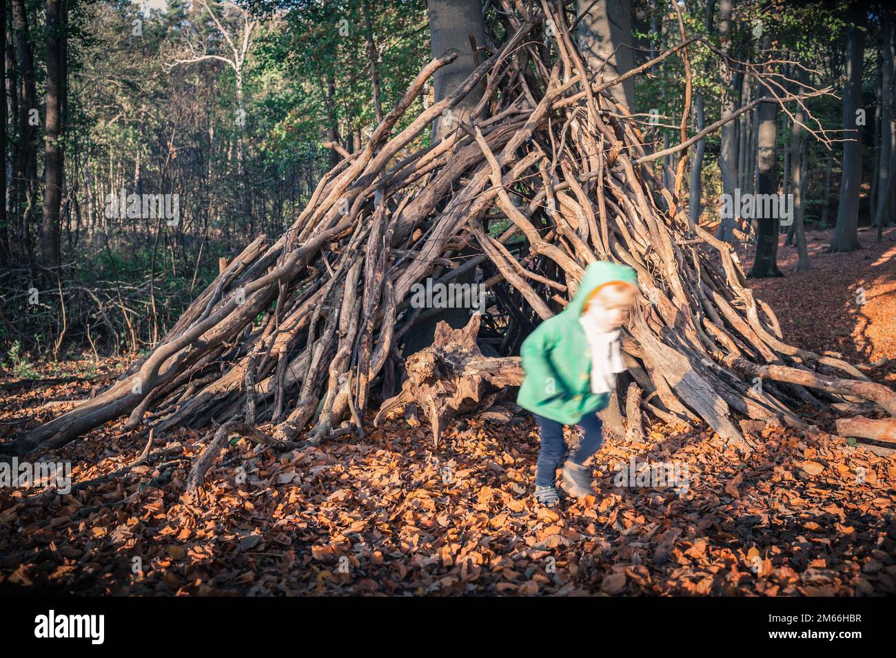 Little hooded child in motion plays alone at natural hiding place hut ...