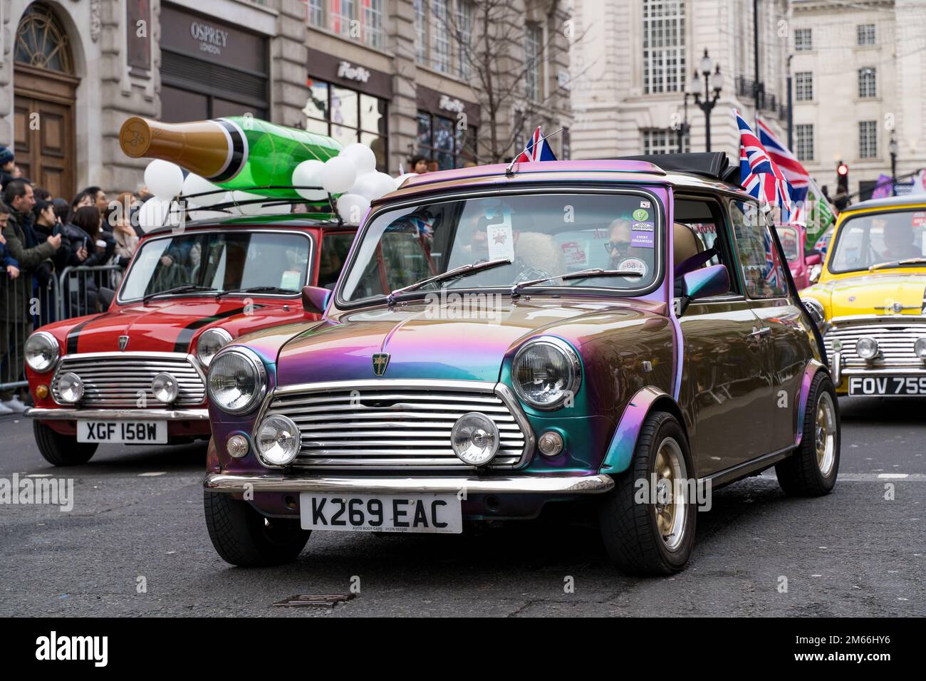 London New Years Day Parade, colourful Mini Cooper stopped on the road ...