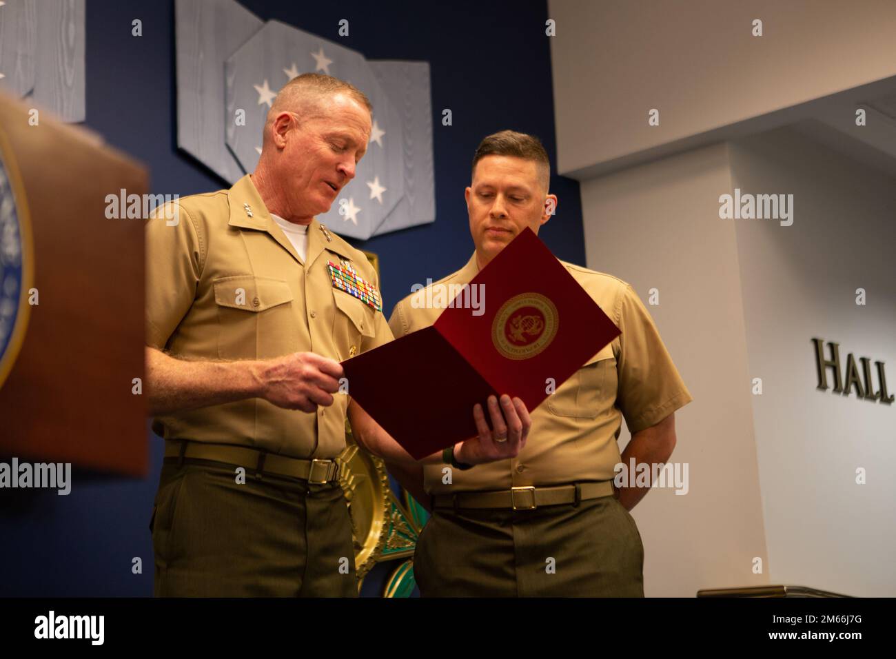 United States Marine Corps Lt. Col. James Garza accepts an award at the ...