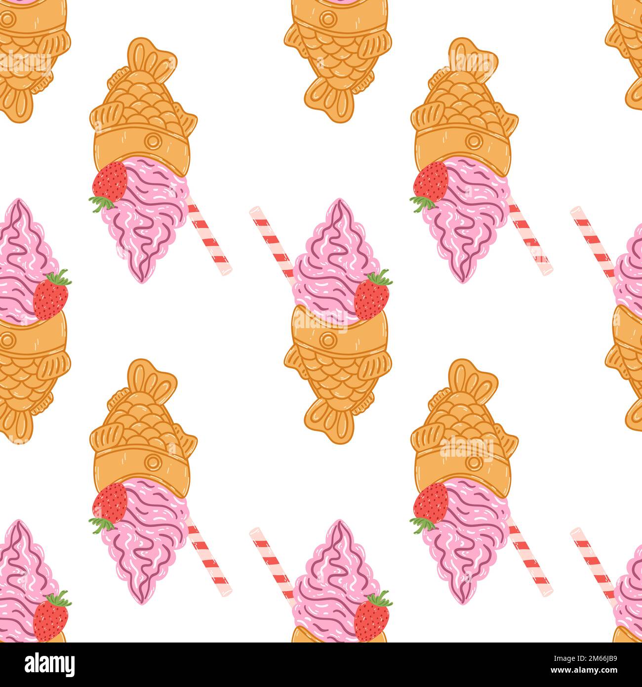 Seamless pattern with taiyaki fish-shaped ice cream cone in cartoon ...