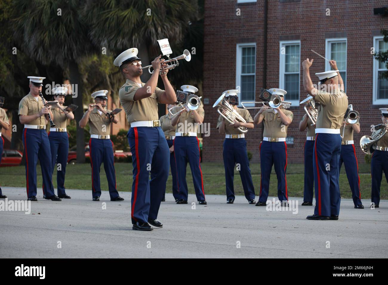 A U.S. Marine with the Parris Island Marine Band plays a trumpet solo ...