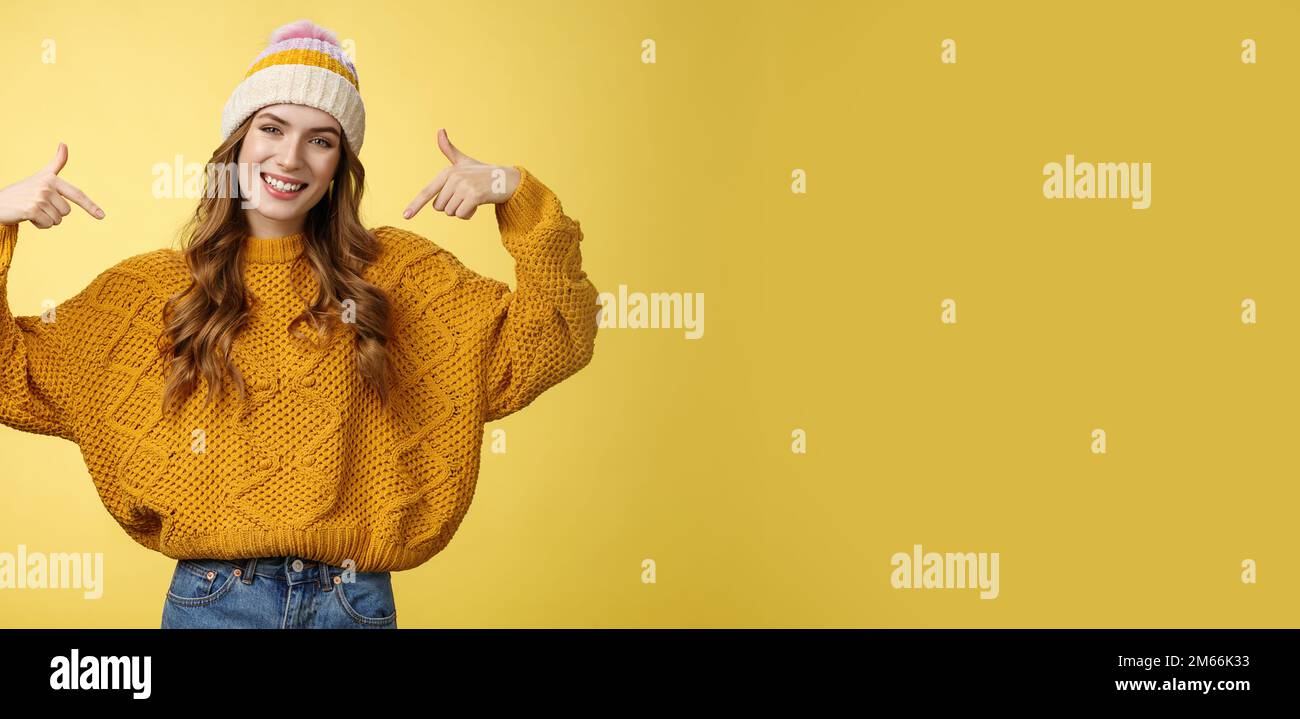 Stylish confident satisfied good-looking young woman winner bragging ...