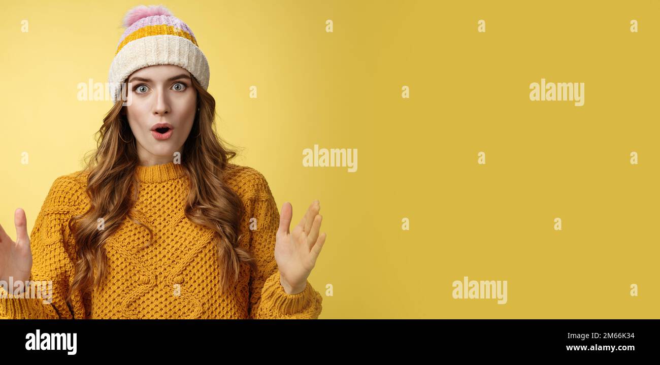 Impressed good-looking caucasian woman describing shaping large very ...