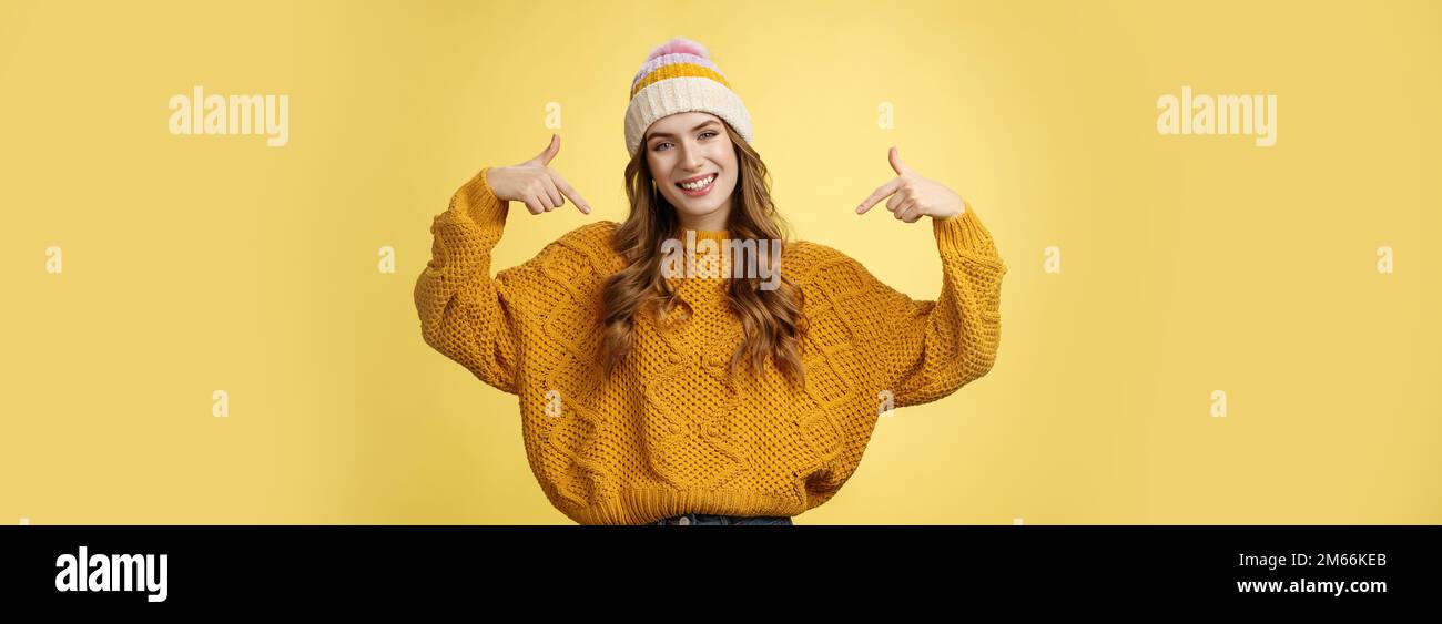 Stylish confident satisfied good-looking young woman winner bragging ...