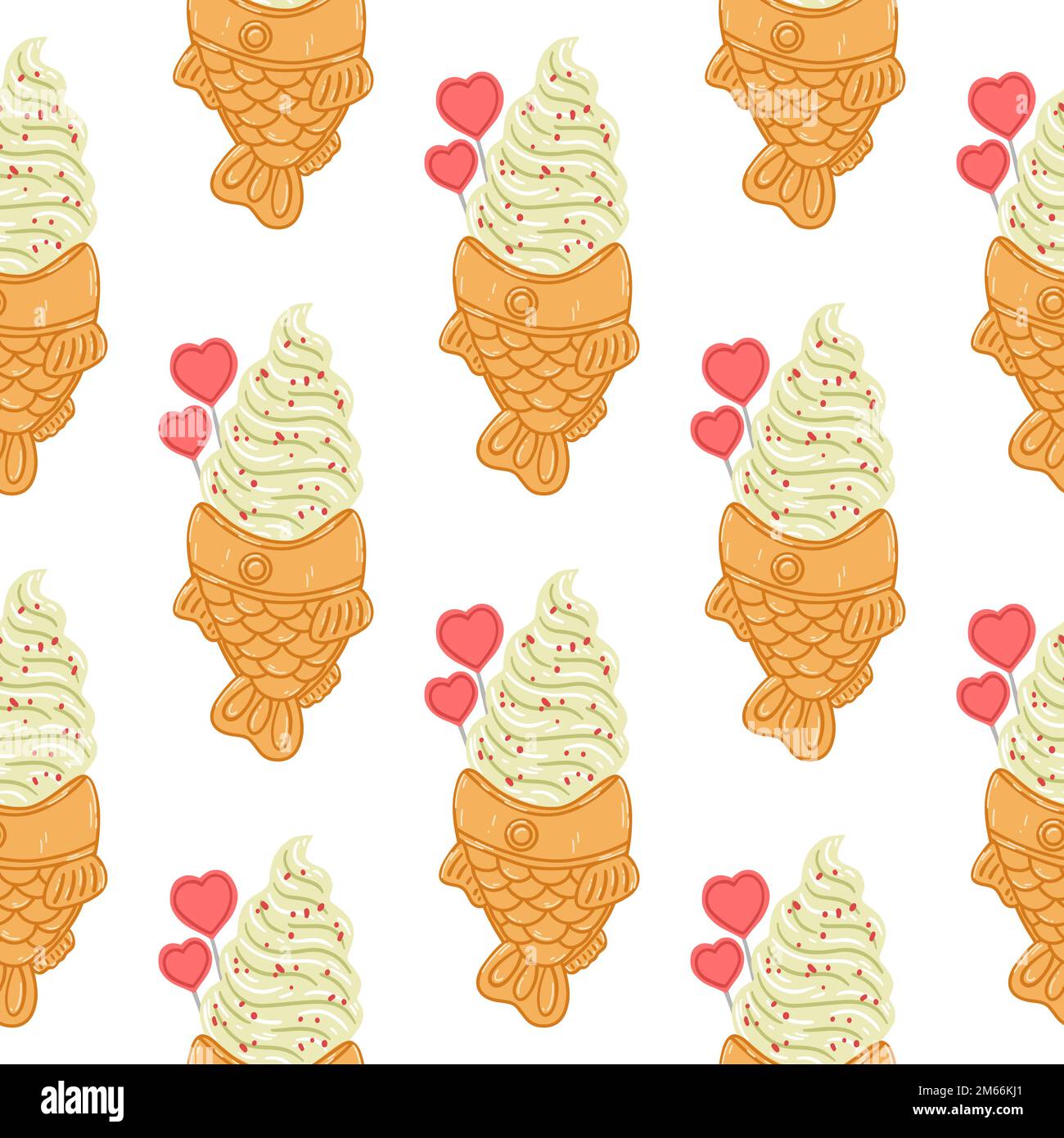 Seamless pattern with taiyaki fish-shaped ice cream cone in cartoon ...