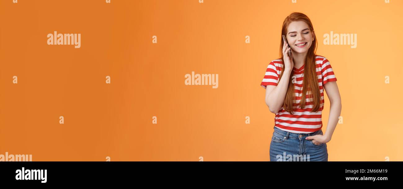 Friendly talkative good-looking redhead female chatting lively discuss ...