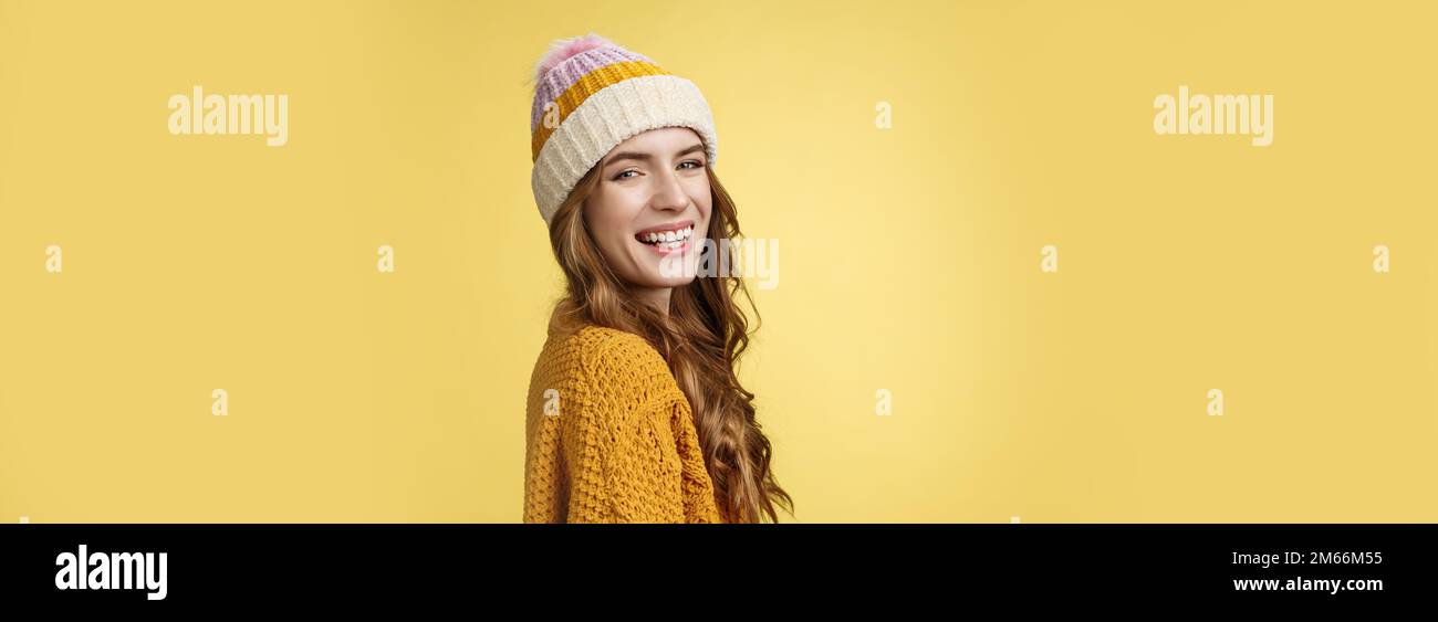 Profile shot charming carefree happy smiling girl turning camera ...