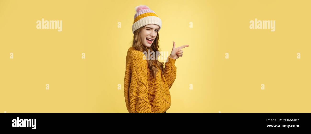 Profile shot sassy flirting young cute woman winking seduce you smiling ...