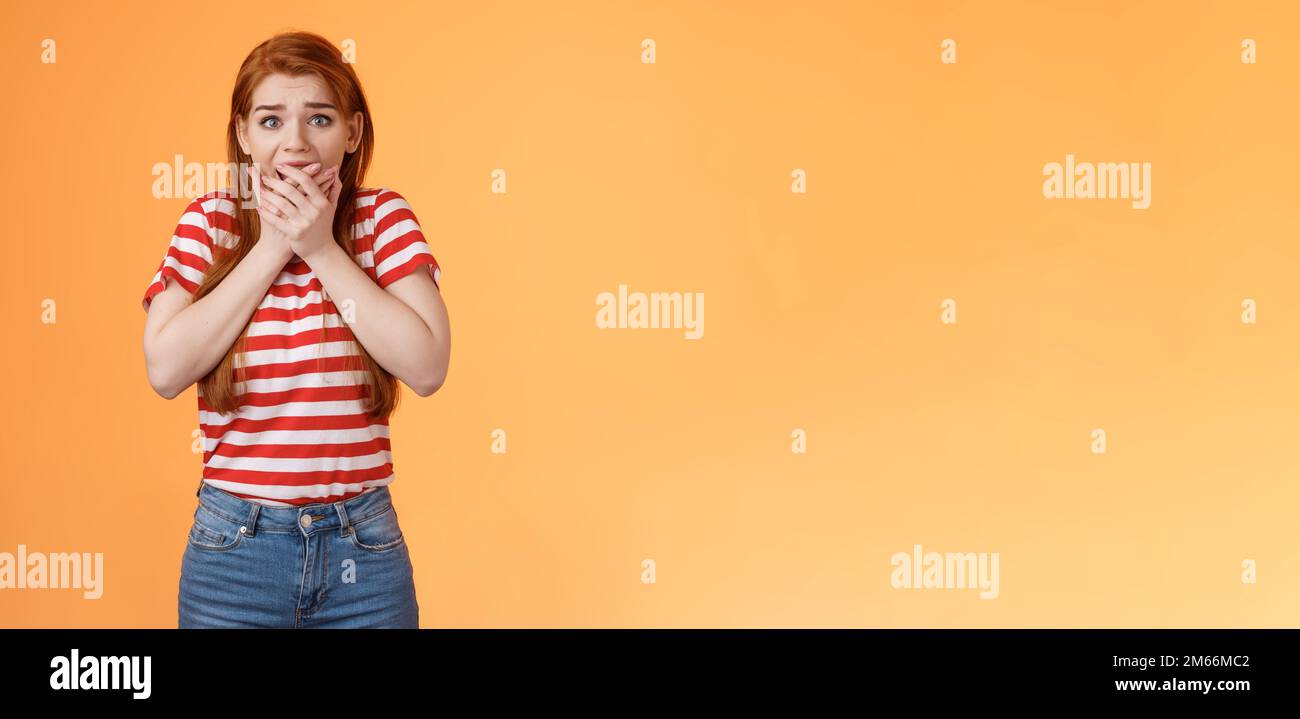 Scared speechless innocent female victim losing speech, press hands ...