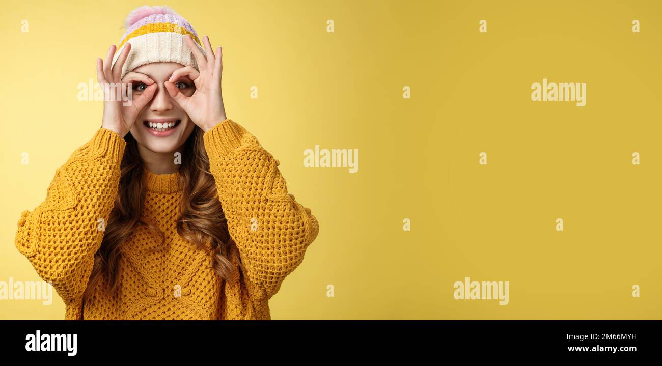 Surprised amused interested attractive young european woman wearing ...