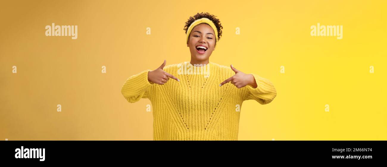 Confident good-looking outgoing black cute girl 20s in sweater headband ...