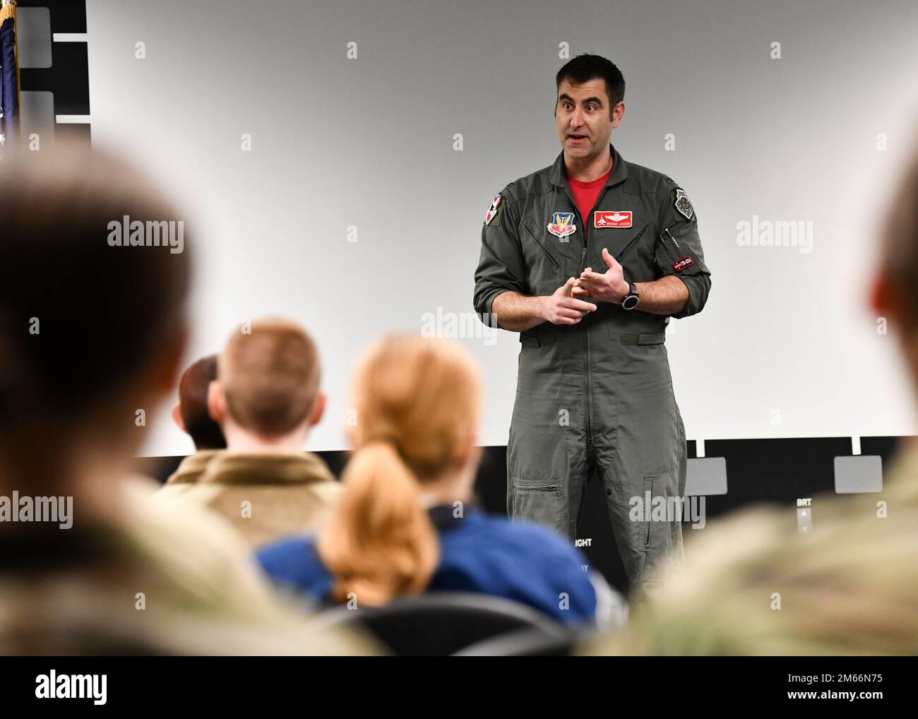 Col. Andrew 'Bishop' Jacob, 131st Fighter Squadron pilot, speaks to ...