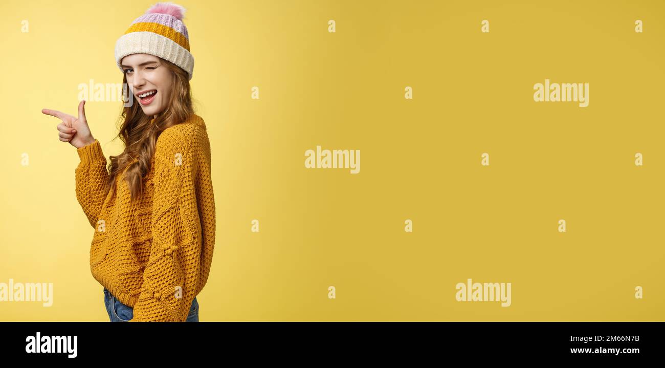 Profile shot sassy flirting young cute woman winking seduce you smiling ...