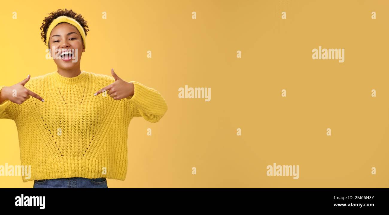 Confident good-looking outgoing black cute girl 20s in sweater headband ...