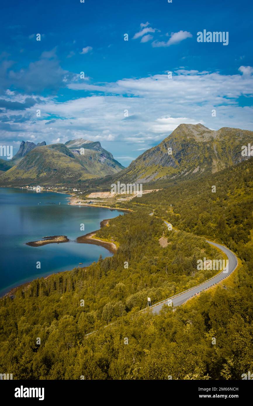 Beautiful landscape over the fjord of Senja Island from Bergsbotn ...