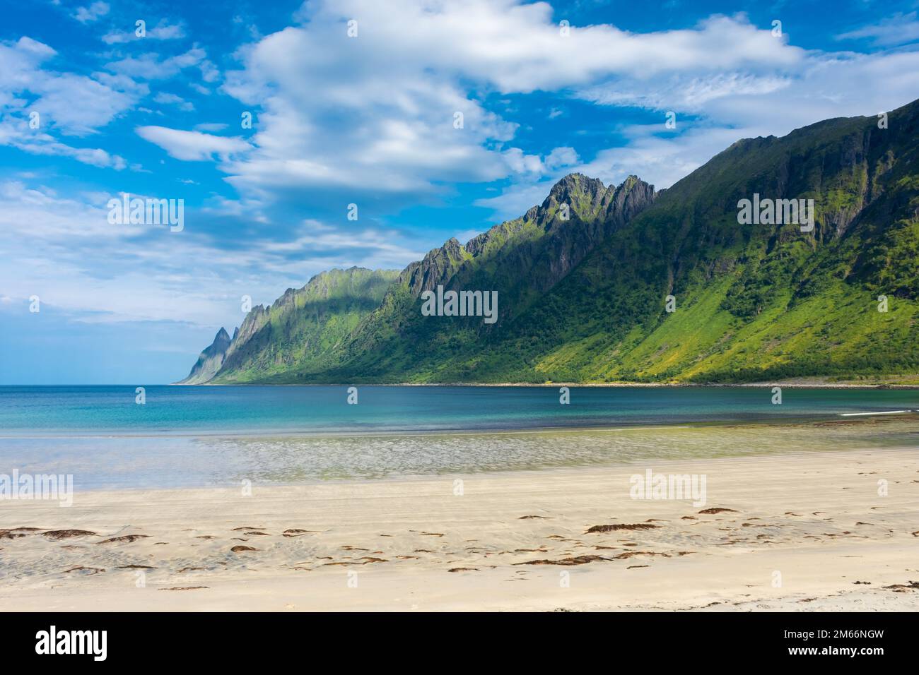The crystal clear water of the Ersfjordstranda beach in Senja Island ...