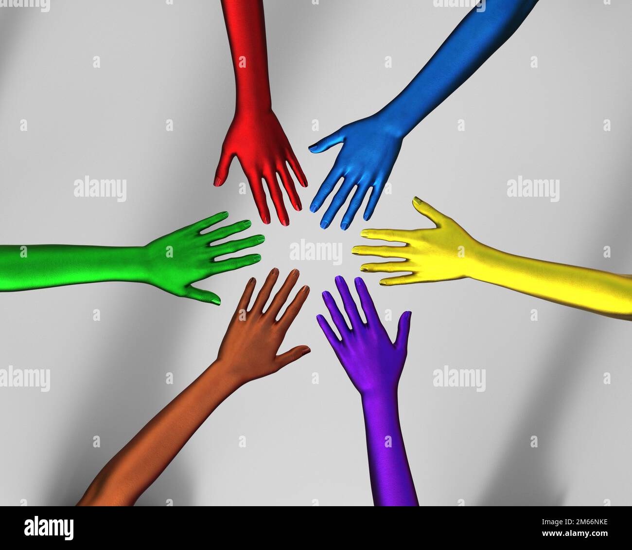 Multi-colored female hands on top of each other as a team. 3d ...
