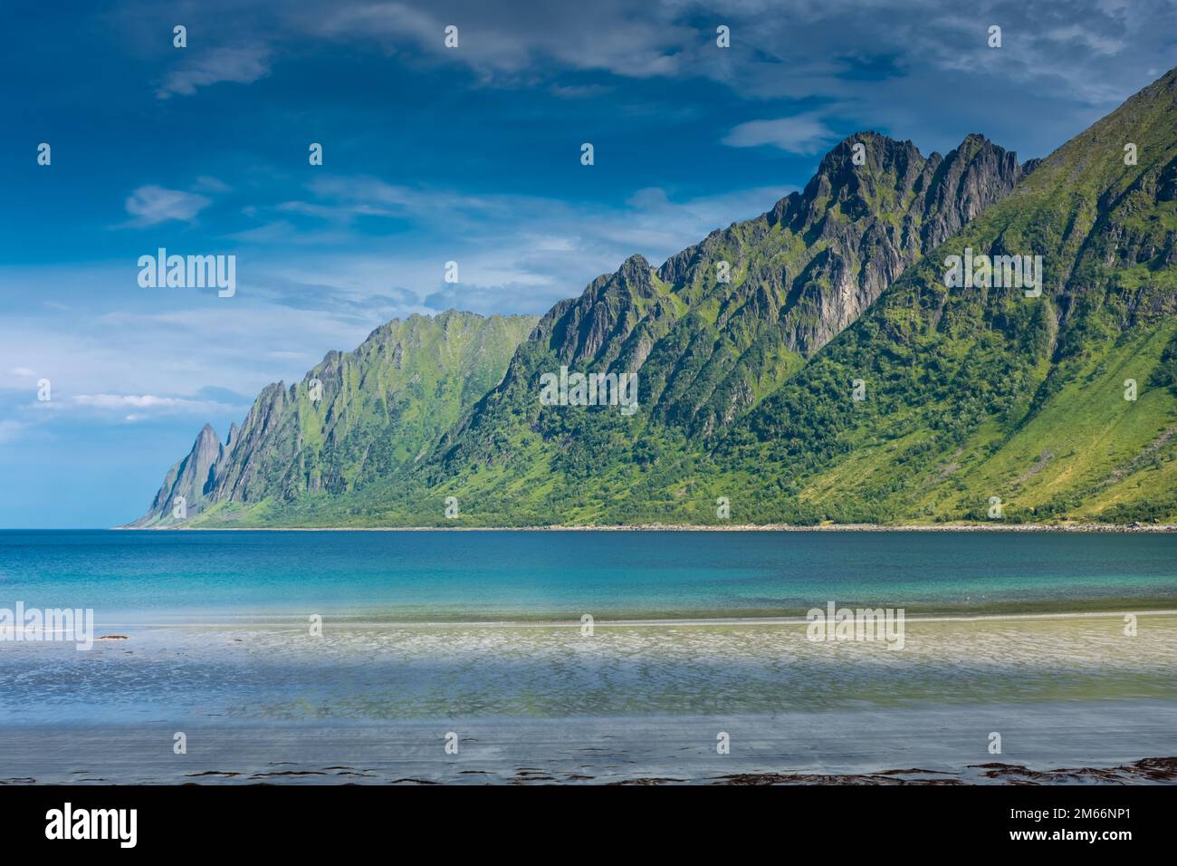 The crystal clear water of the Ersfjordstranda beach in Senja Island ...