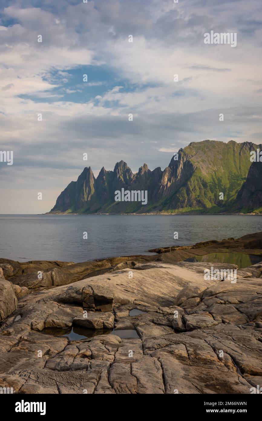 The Tungeneset (Devil's Teeth), mountains over the ocean in Senja ...