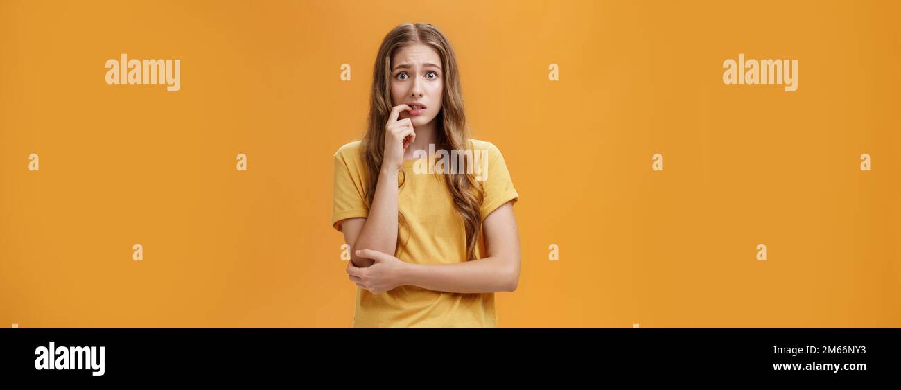 Girl worried mom react on new tattoo. Portrait of anxious and nervous ...