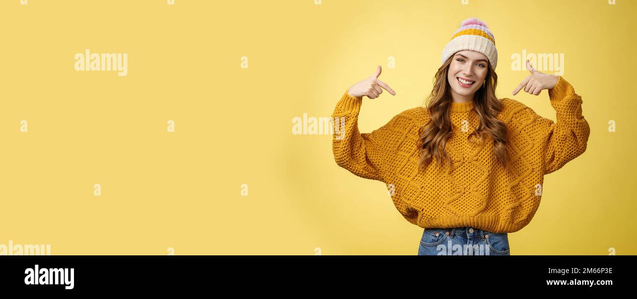 Stylish confident satisfied good-looking young woman winner bragging ...