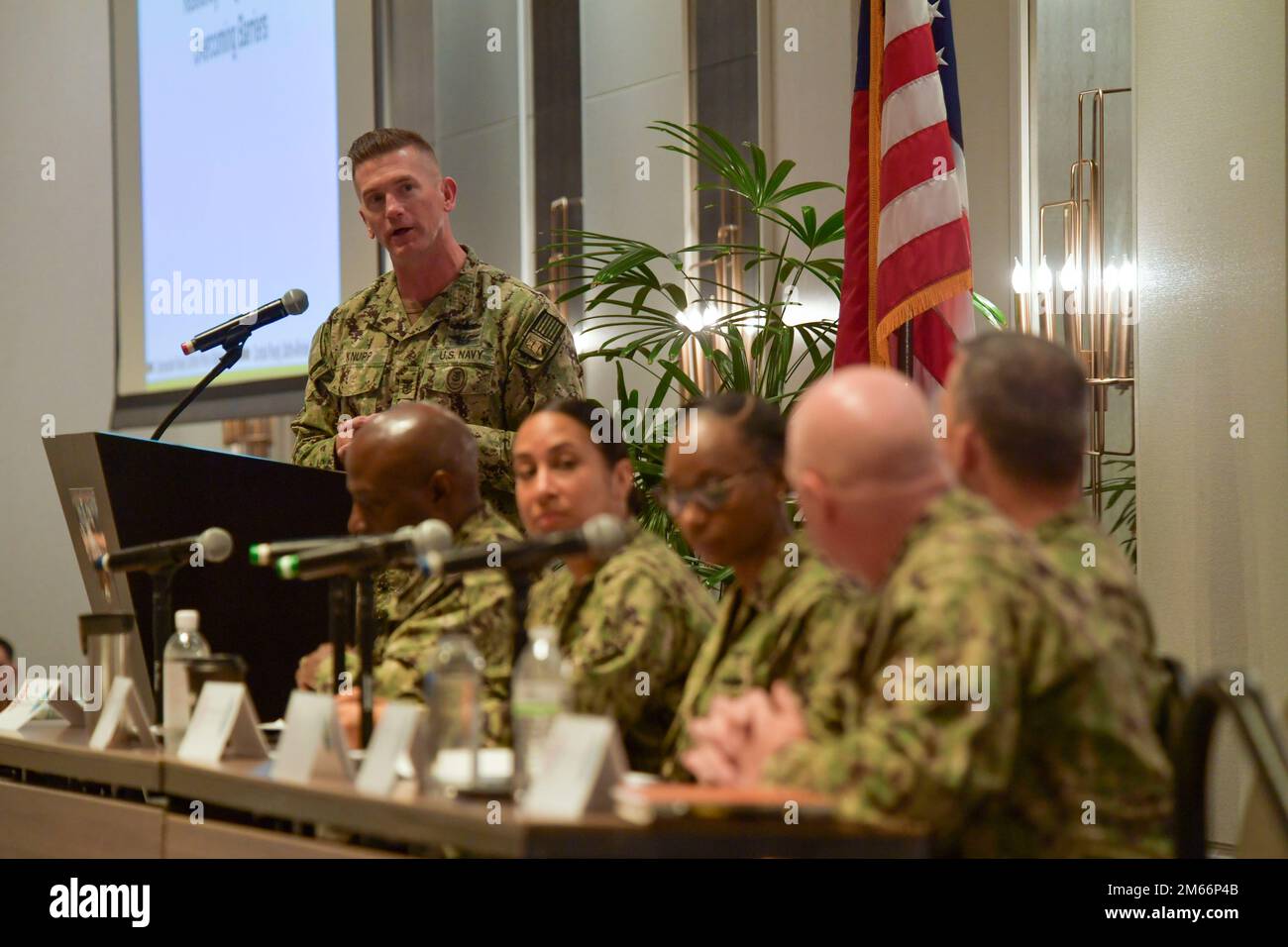 Force Master Chief Jason Knupp, far left, leads a panel during the first-ever Naval Surface ...