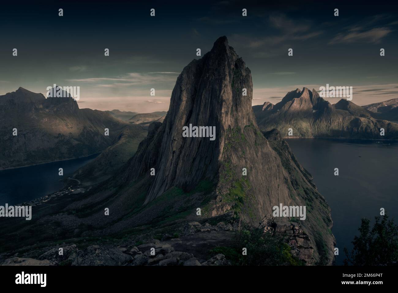 Epic dark landscape of Mount Segla viewed from Mount Hesten after ...
