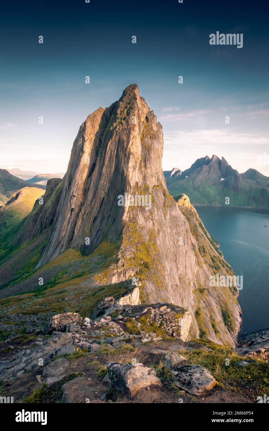 The epic Segla mountain viewed from Mount Hesten at sunset, Senja ...