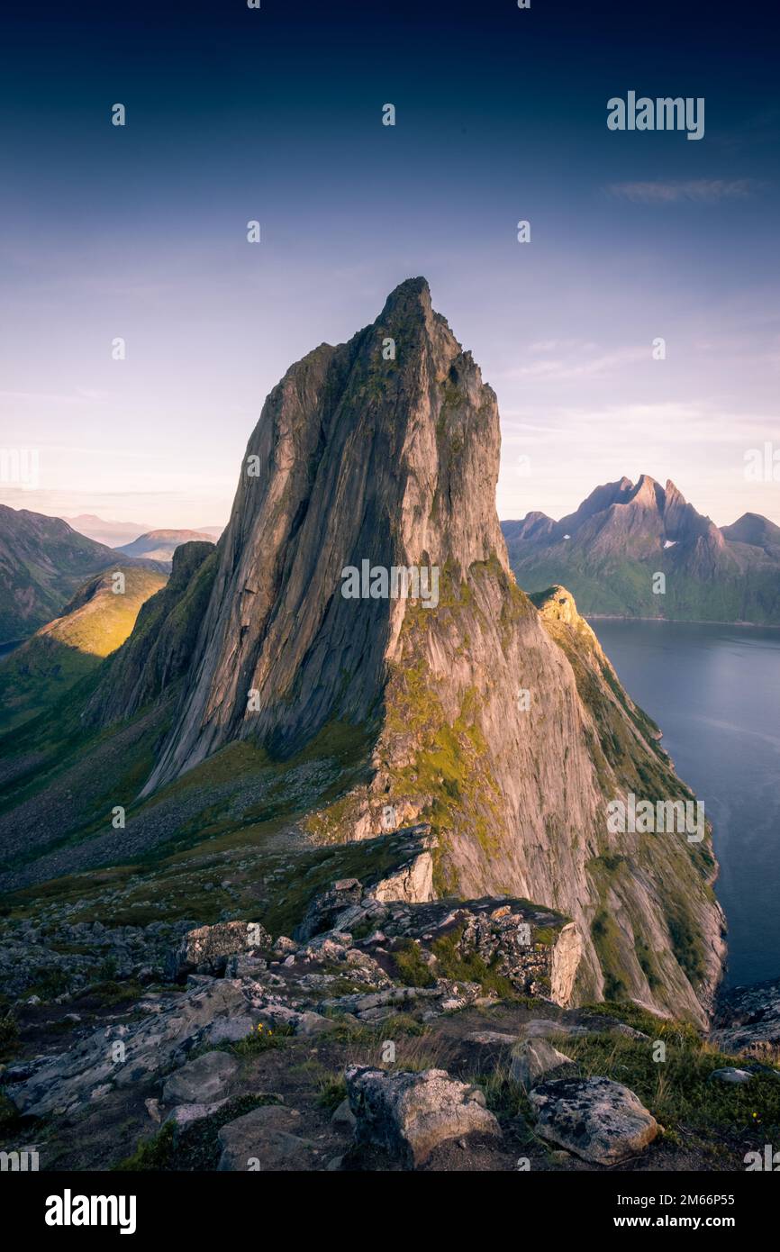 The epic Segla mountain viewed from Mount Hesten at sunset, Senja ...