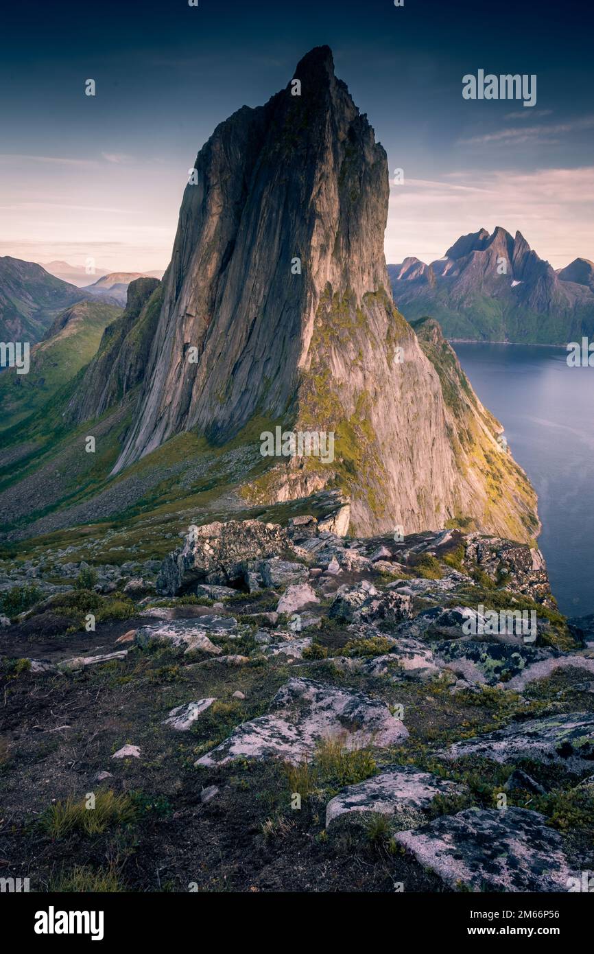 The epic Segla mountain viewed from Mount Hesten at sunset, Senja ...