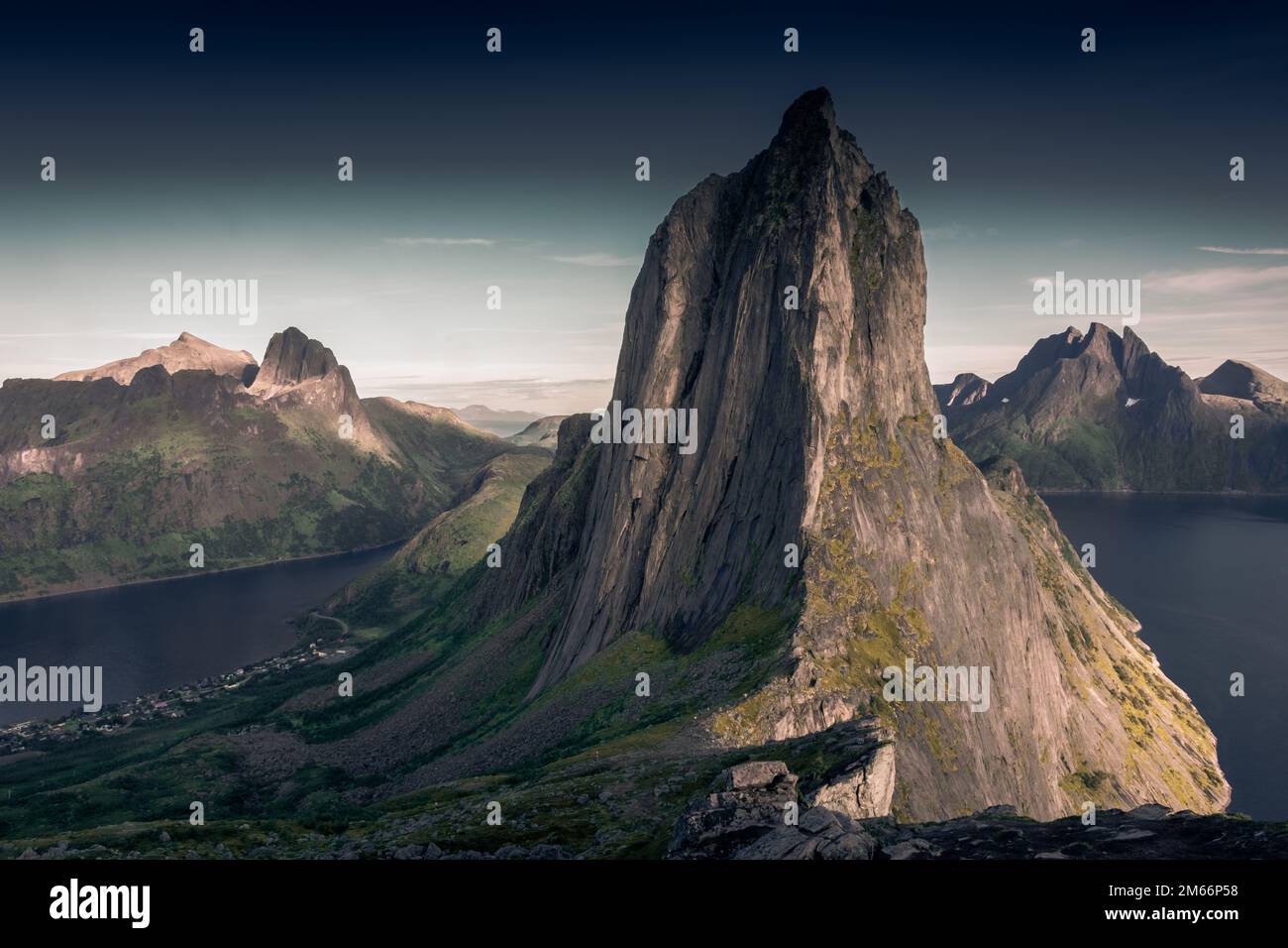 The epic Segla mountain viewed from Mount Hesten at sunset, Senja ...