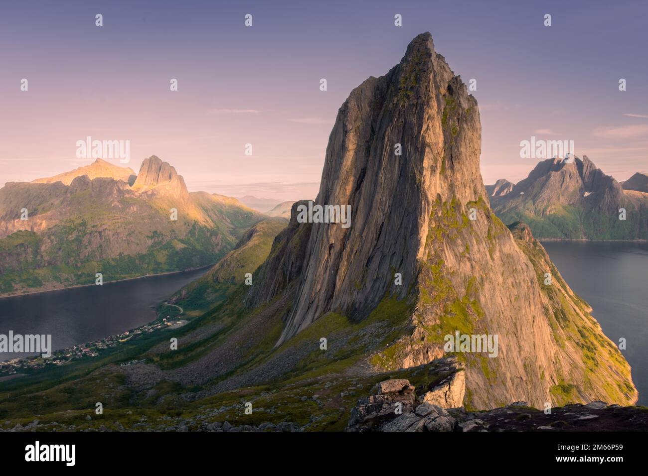 The epic Segla mountain viewed from Mount Hesten at sunset, Senja ...