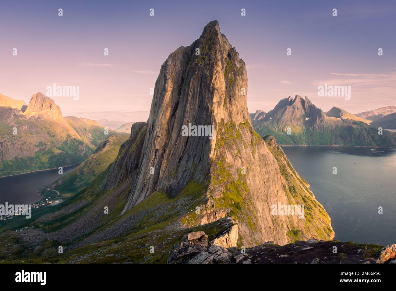 The epic Segla mountain viewed from Mount Hesten at sunset, Senja ...