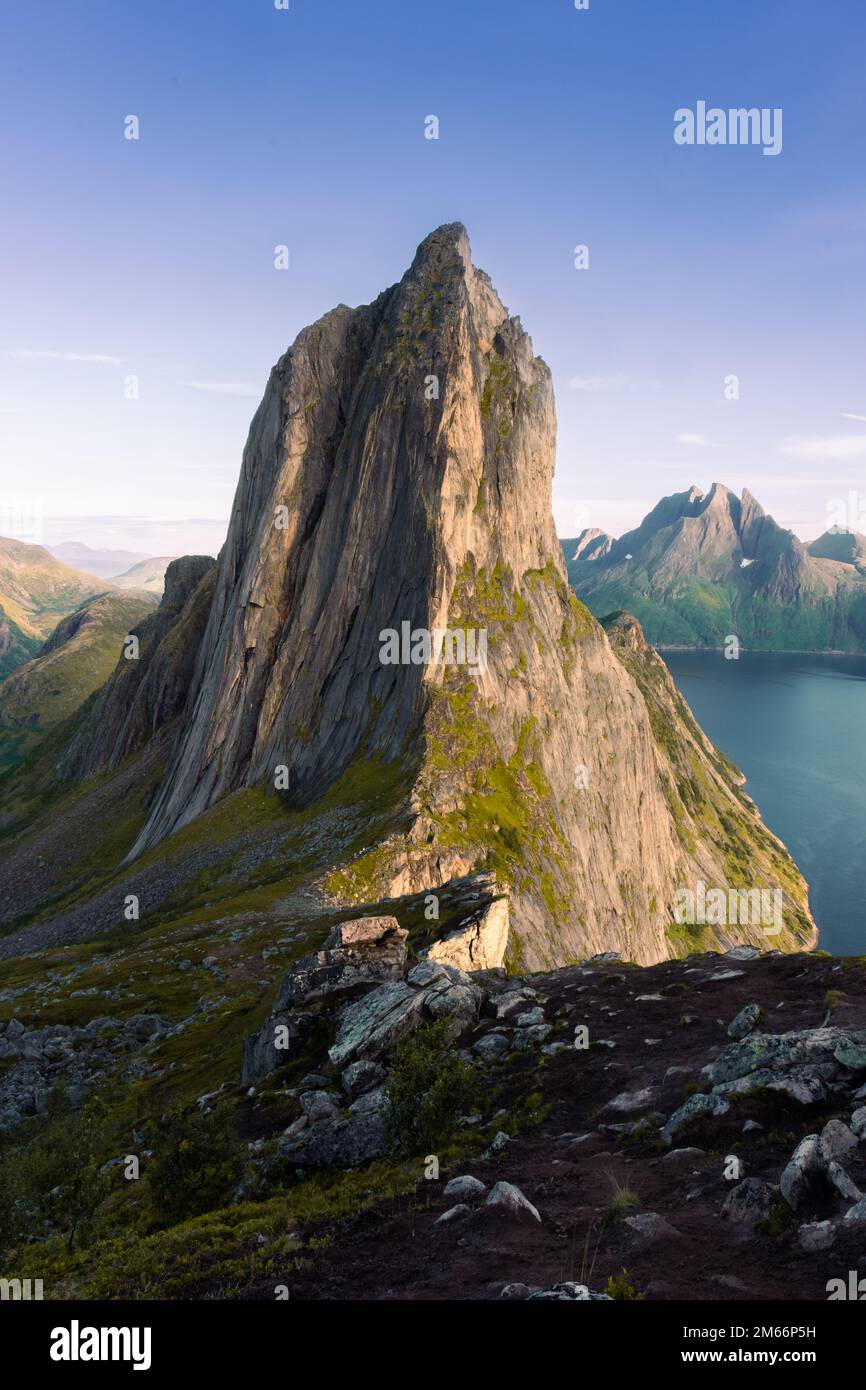 The epic Segla mountain viewed from Mount Hesten at sunset, Senja ...