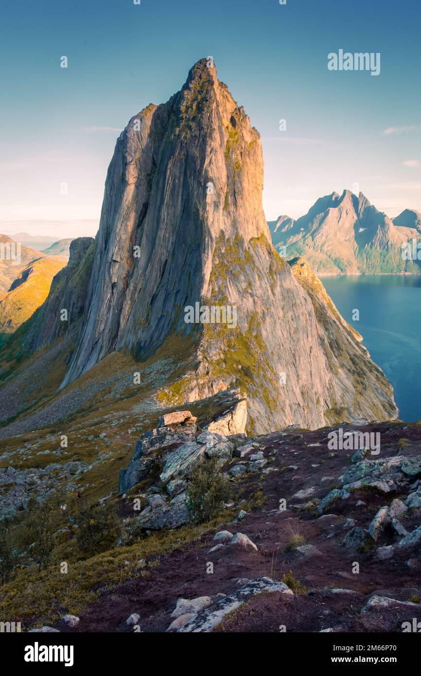 The epic Segla mountain viewed from Mount Hesten at sunset, Senja ...