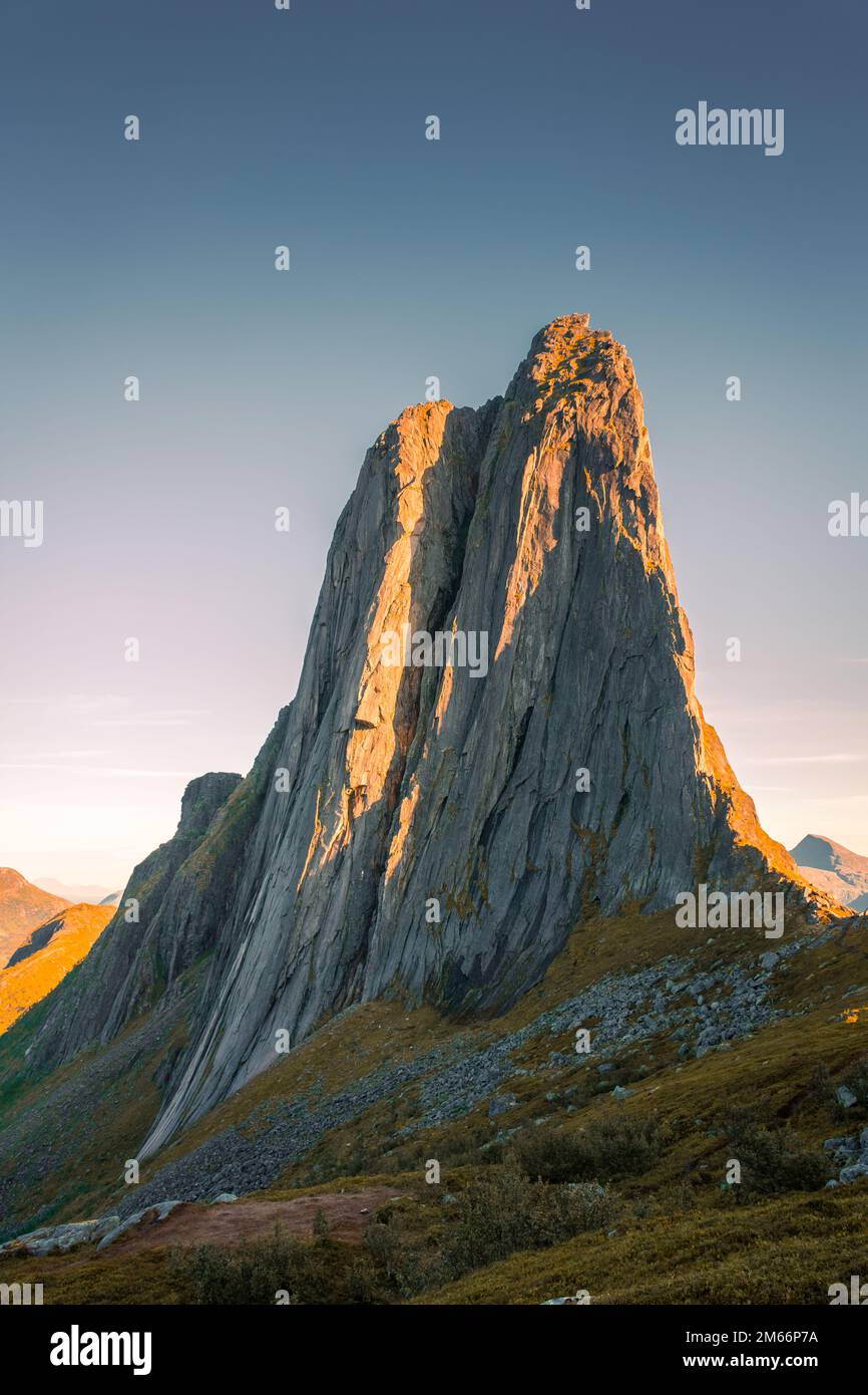 The epic Segla mountain viewed from Mount Hesten at sunset, Senja ...