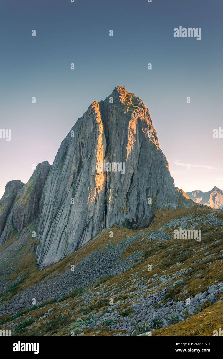 The epic Segla mountain viewed from Mount Hesten at sunset, Senja ...