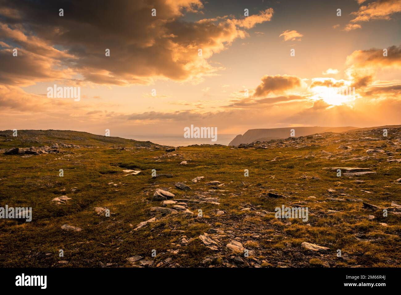 Midnight sun rising over Knivskjellodden, a trail in the tundra towards ...