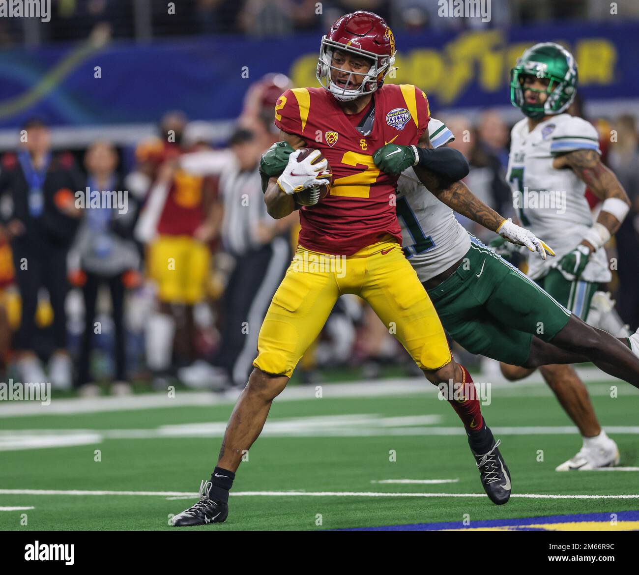 Arlington, TX, USA. 2nd Jan, 2023. USC's Brenden Rice (2) tries to ...