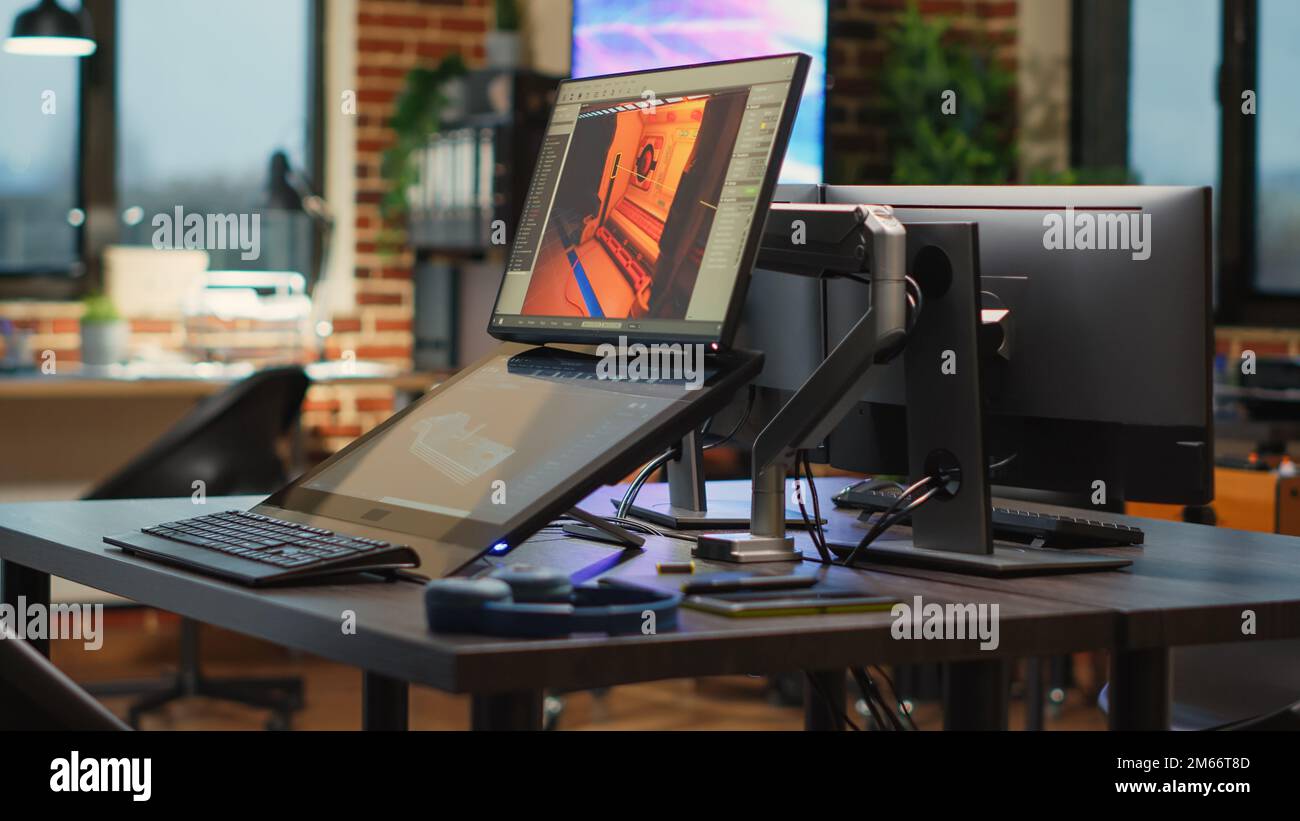 Empty electronics with multiple screens to develop artistic modern content, showing gaming ...