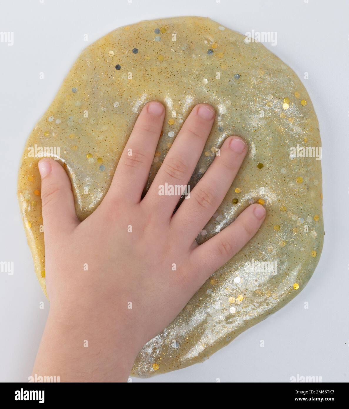 Child play with sticky slime leaving palm trace isolated on white ...