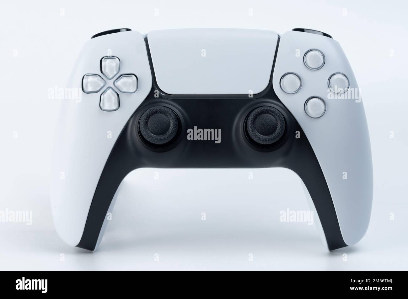 Black and white modern game controller with sticks isolated on studio ...