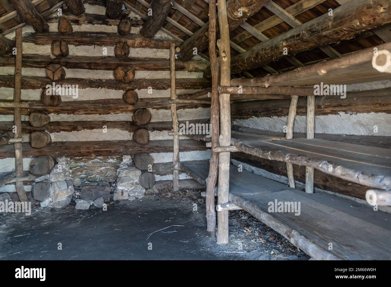 Interior of American Revolutionary War cabin with wooden bunks and ...
