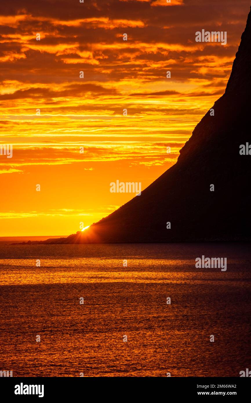 Incredible midnight sunset over the sea of Vik beach, Lofoten Islands ...