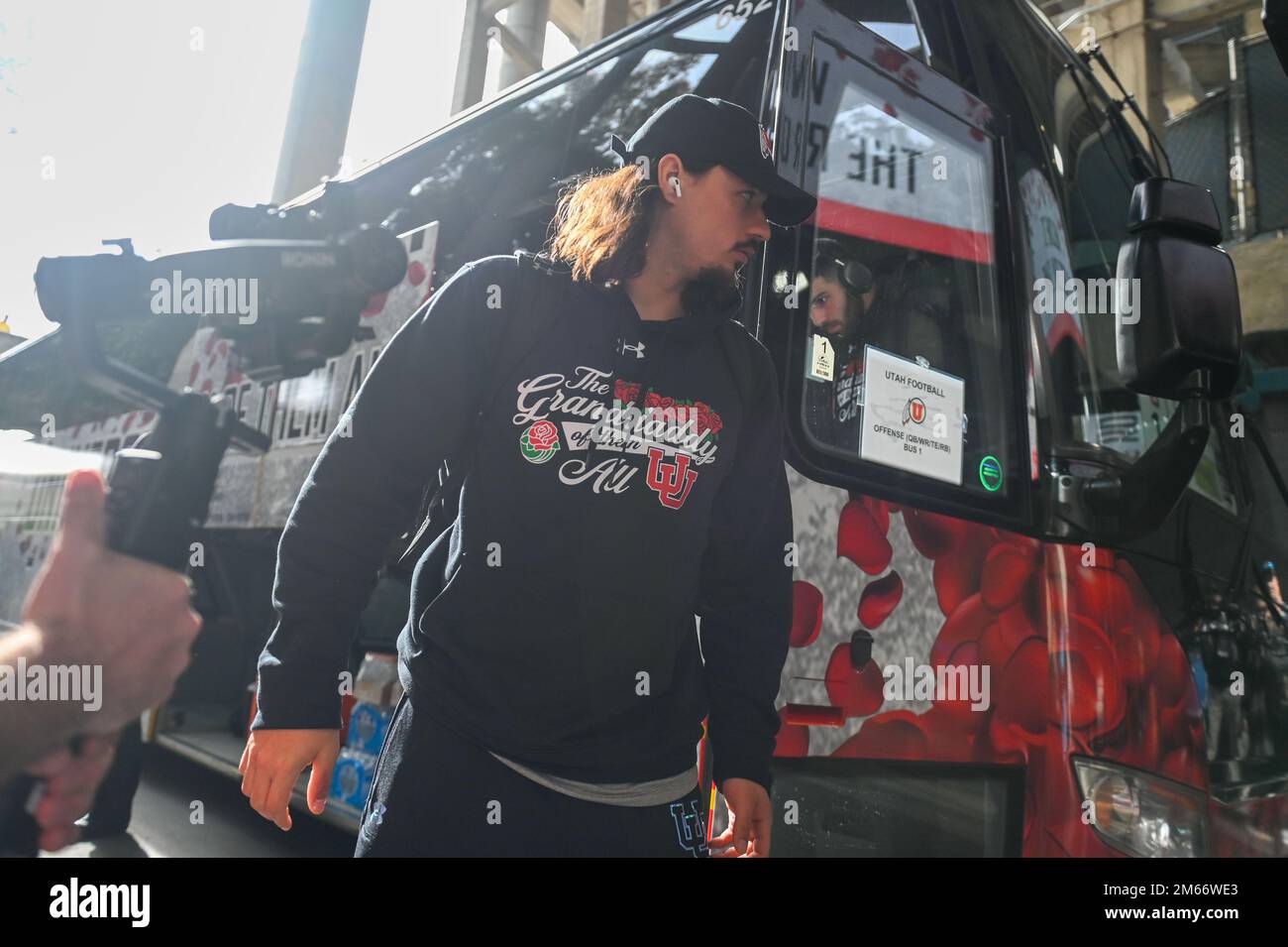 Utah Utes quarterback Cameron Rising (7) arrives at the stadium before ...